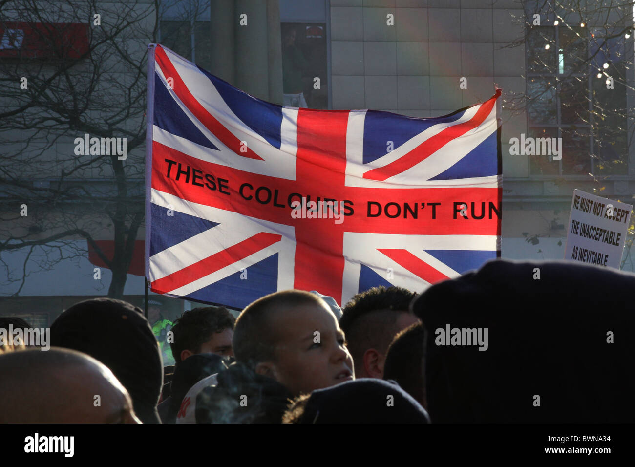 " These colours don't run" Words on a Union Flag at EDL White Pride ...