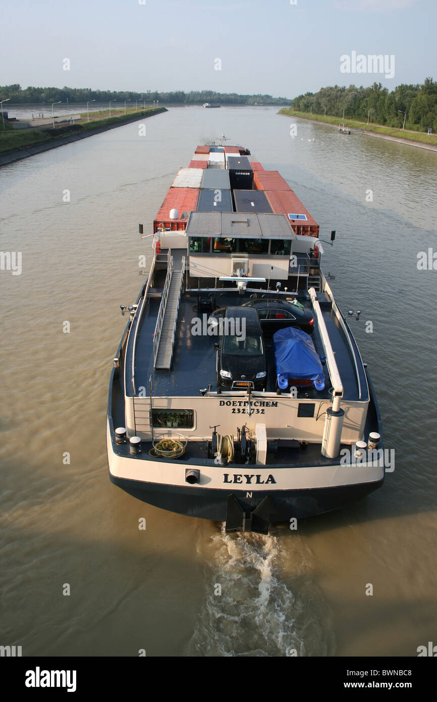 France Europe Alsace Gerstheim Container river Rhine cargo ship freight ...