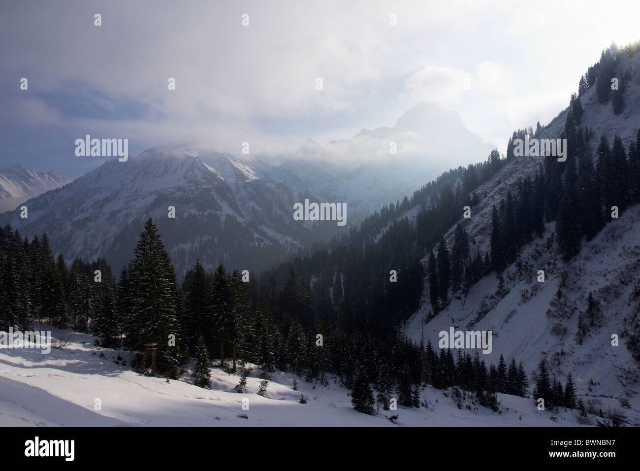 Winter landscape in the Alps of the Austrian Kleinwalsertal Stock Photo ...