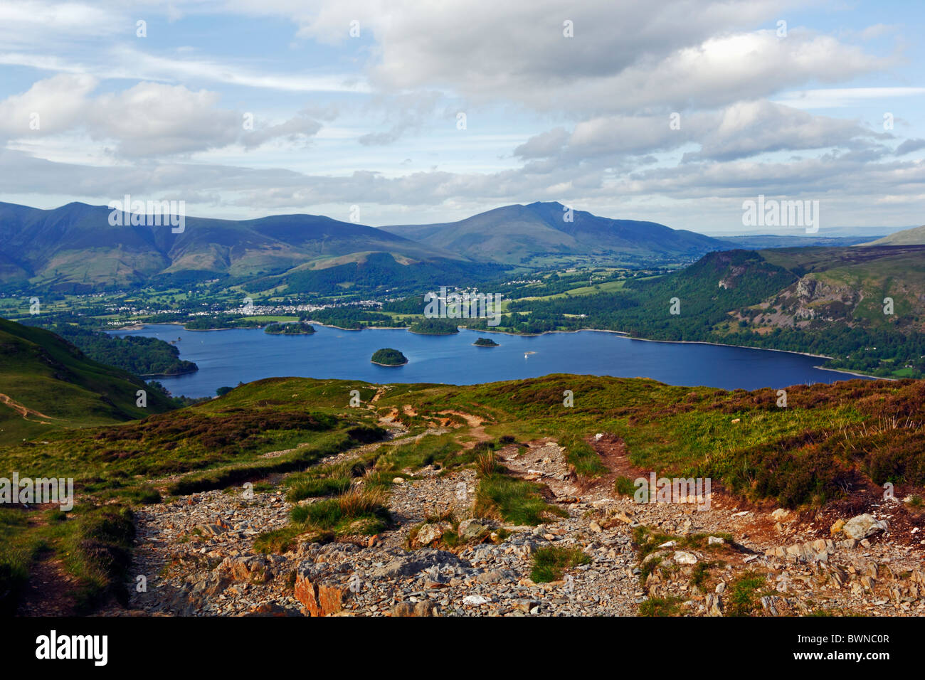 Looking over Derwent Water from the summit of Maiden Moor near Keswick ...
