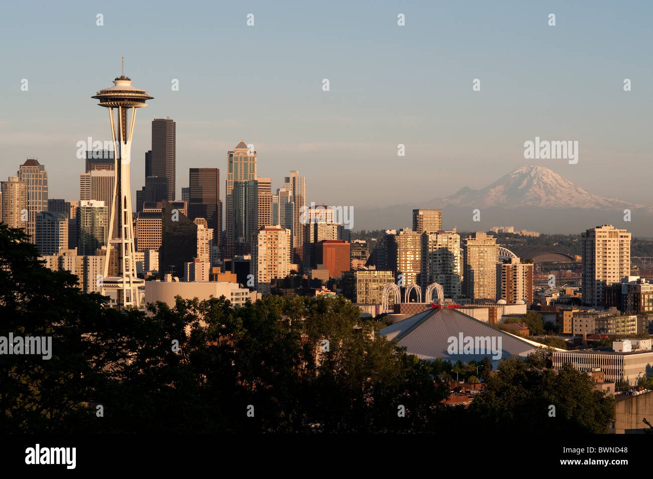 Retro image of Seattle skyline with Mount Rainier in background on a ...