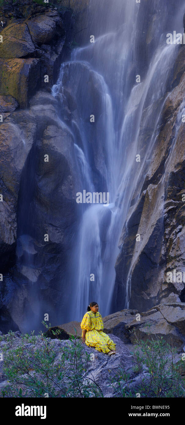 Mexico Central America America Tarahumara woman Cusarare Waterfall near ...