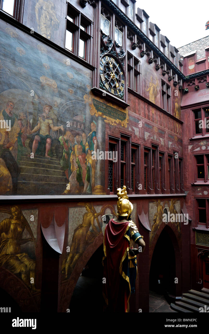 Historic Basel Rathaus red city hall building Hans Bock painted ...