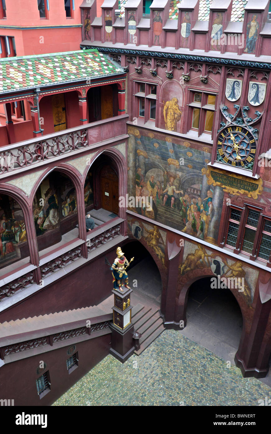 Historic Basel Rathaus red city hall building Hans Bock painted ...