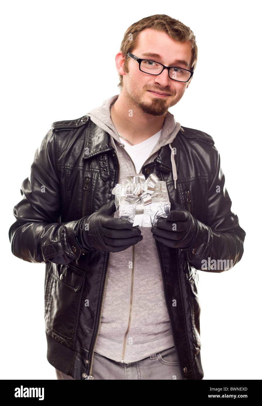 Warmly Dressed Handsome Young Man Holding Wrapped Gift Isolated on a ...