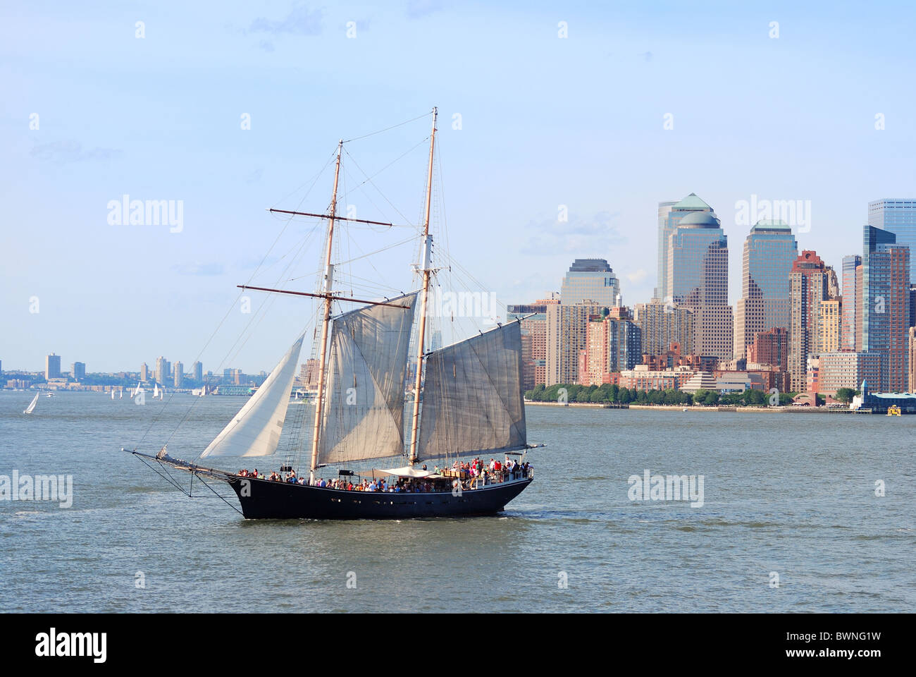 New York City Manhattan skyline with skyscrapers and sailing boat Stock ...