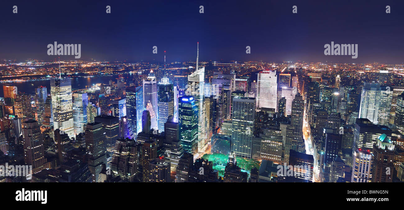 New York City Manhattan Times Square panorama aerial view at night with ...