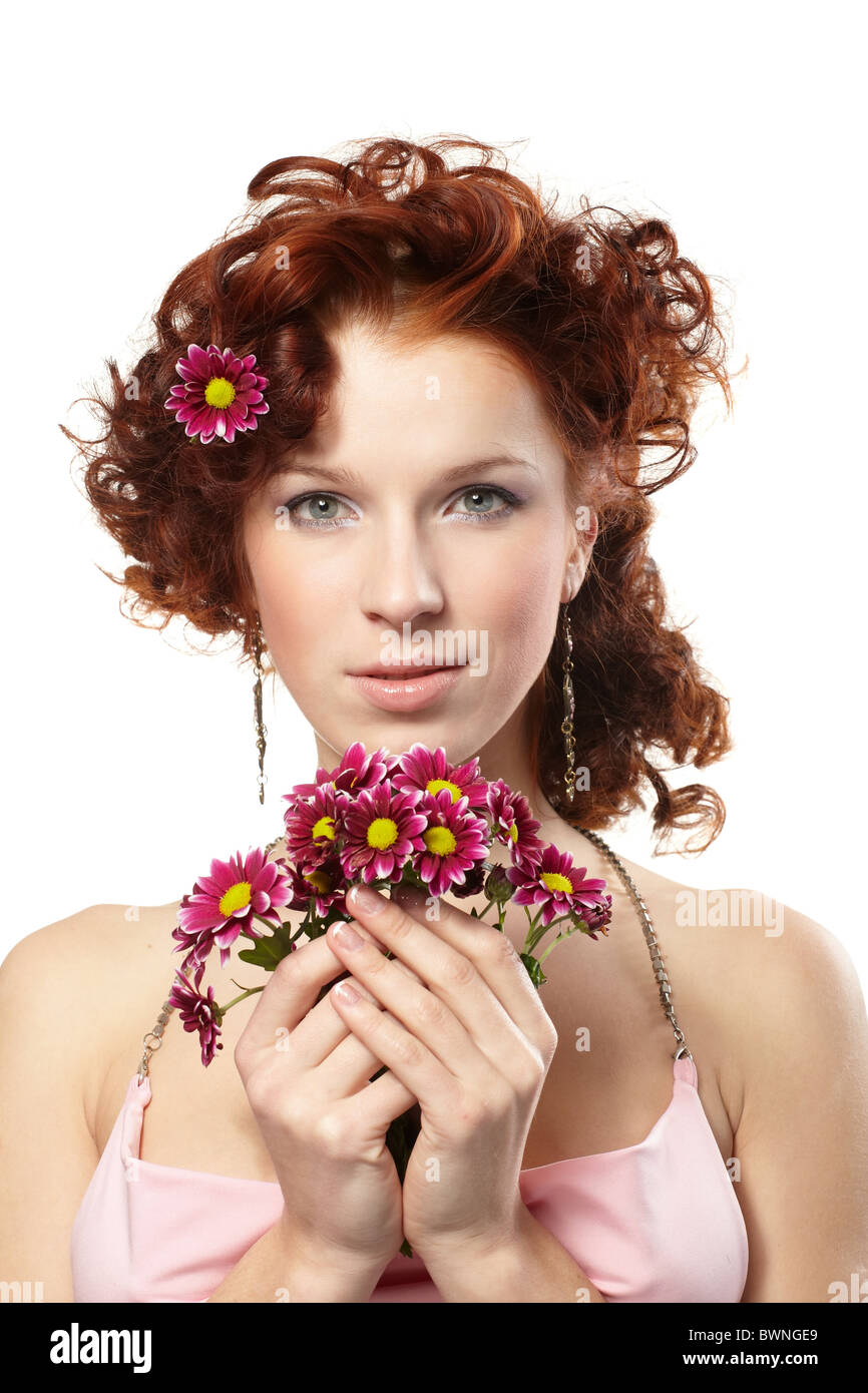 Portrait of a happy women with flowers Stock Photo - Alamy