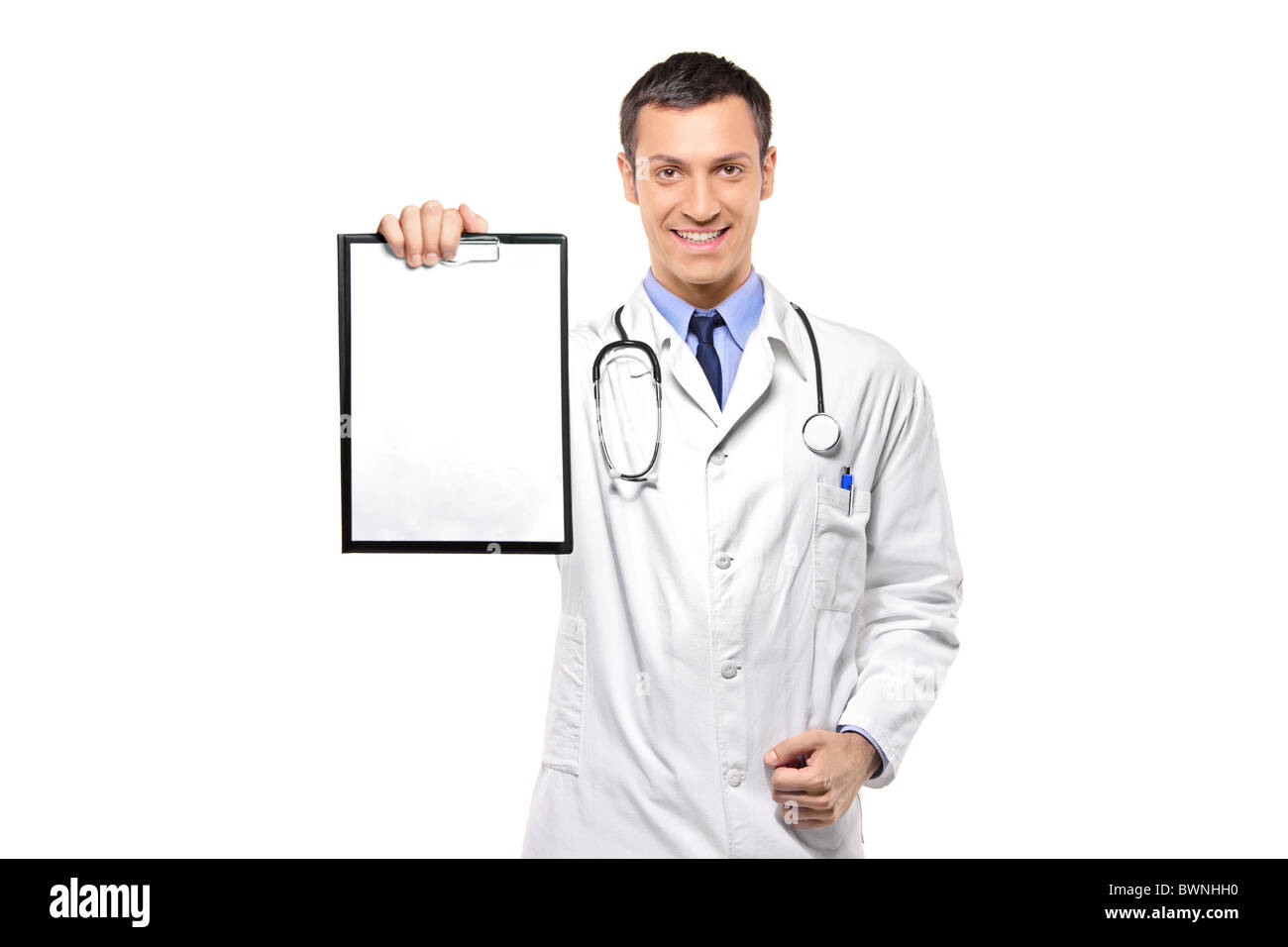 A smiling doctor holding a white blank card, focus on face Stock Photo ...