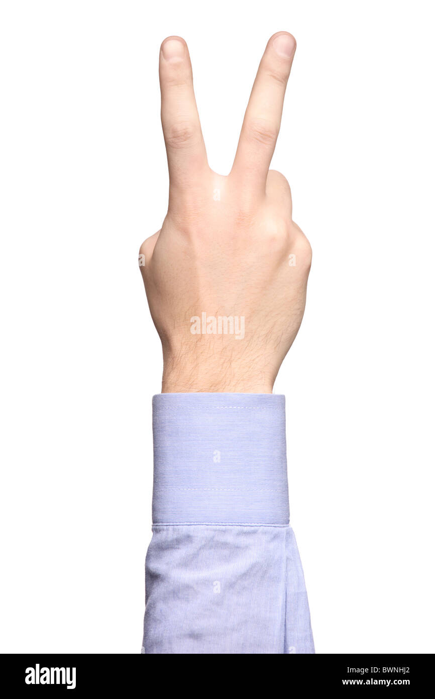 Hand with two fingers up in the peace or victory symbol Stock Photo - Alamy
