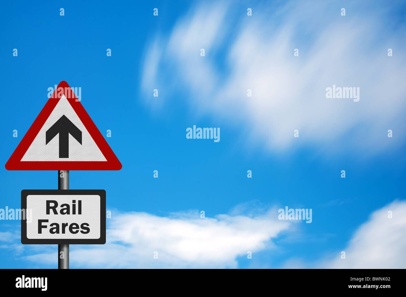 Photo realistic bright, clean 'increasing rail fares' sign with space ...