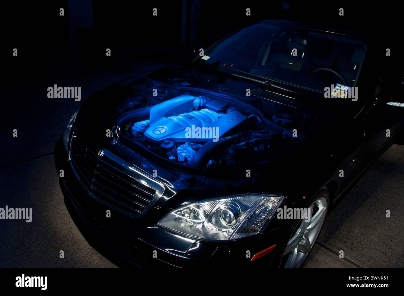 Mercedes with light painted engine. Hood is semi transparent Stock ...