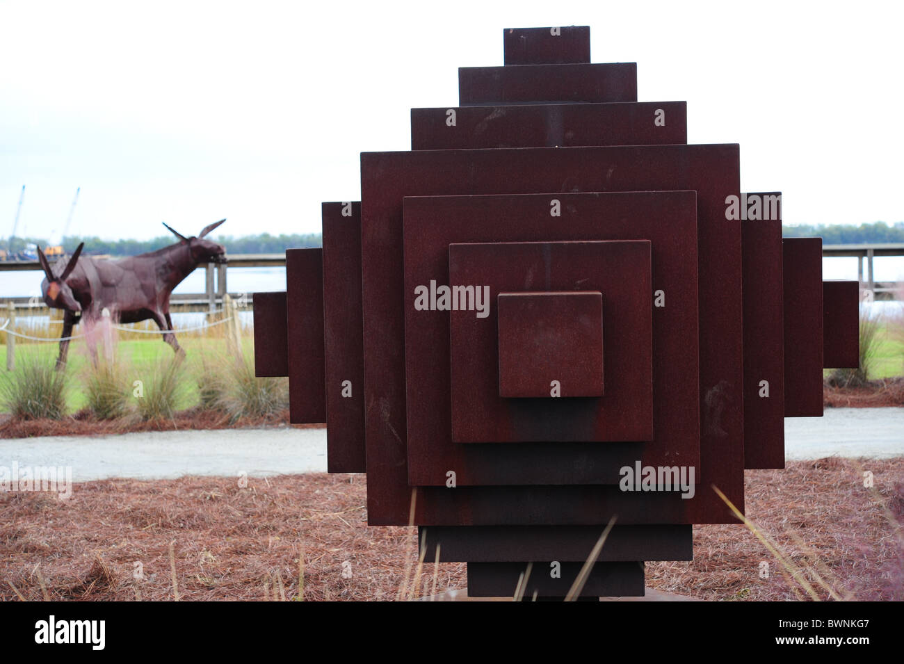 Situational art objects, cube in foreground and two-headed donkey in ...