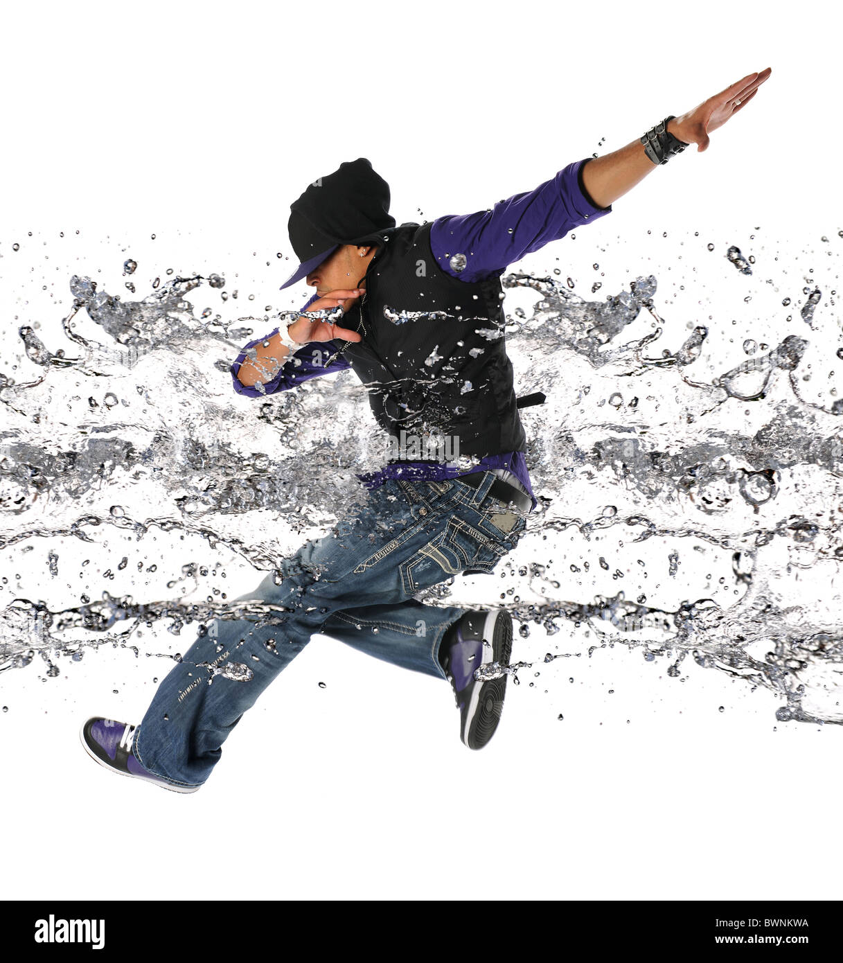African American hip hop dancer jumping isolated over white background ...