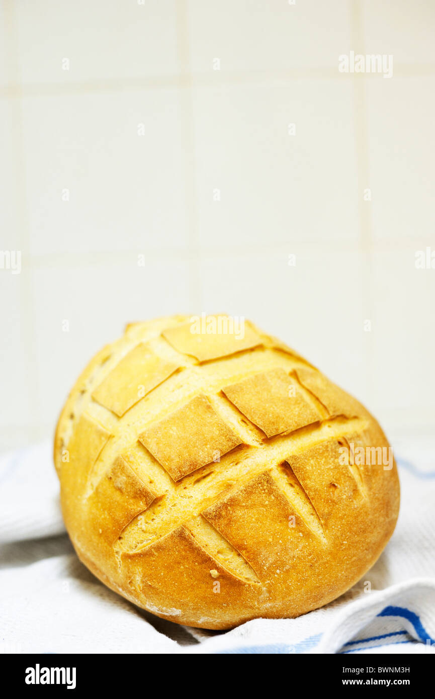 A round loaf of freshly baked crusty sourdough loaf resting on a blue ...