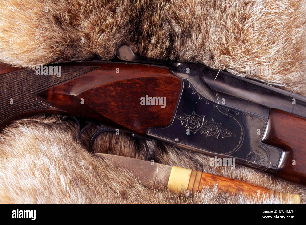 Hunting gun and a knife isolated on fur background Stock Photo - Alamy
