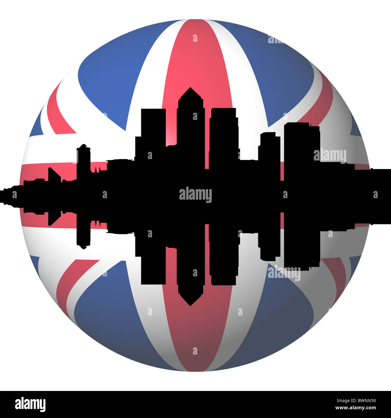 London docklands skyline with British flag sphere illustration Stock ...