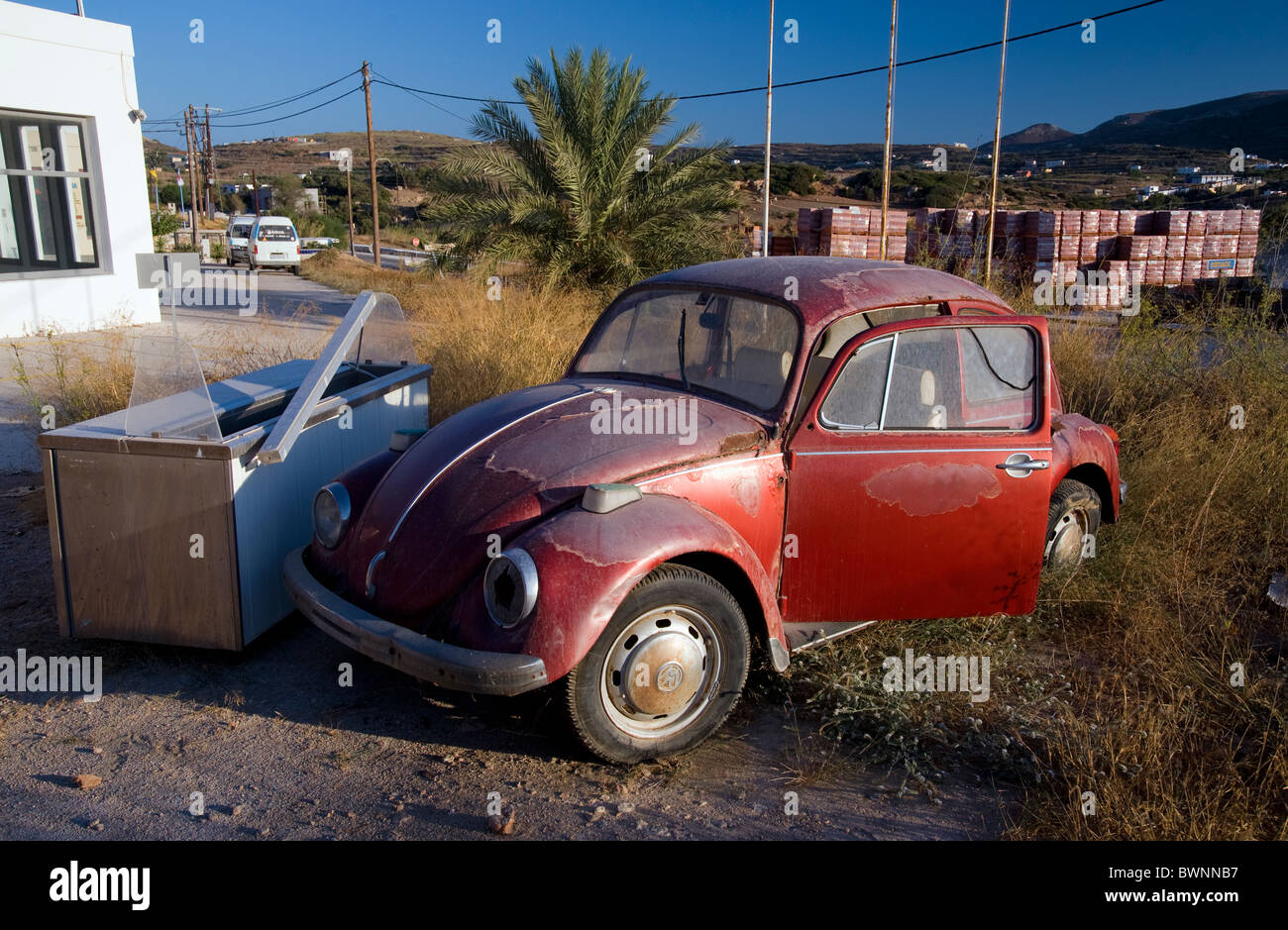 Old Volkswagen Beetle abandoned near Galissas, on the Greek Cyclade island of Syros Stock Photo ...