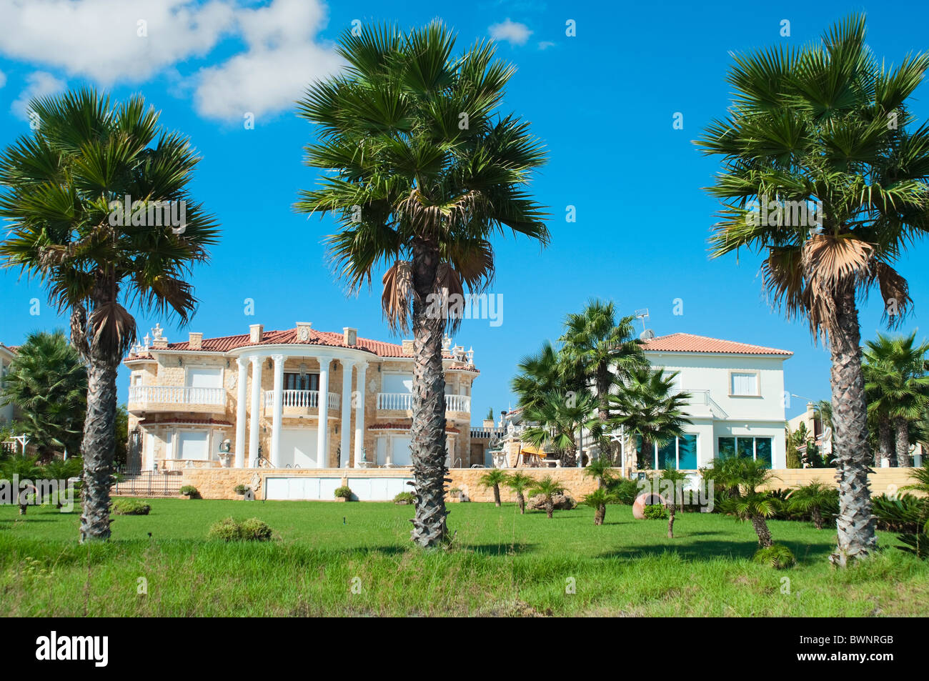Huge beautiful house among the palms on the island of Cyprus, summer ...