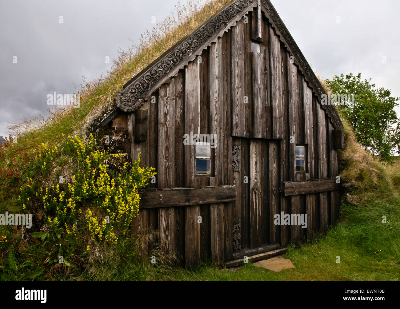 Unusual Historic Grafarkirkja turf church exterior with sod roof in ...