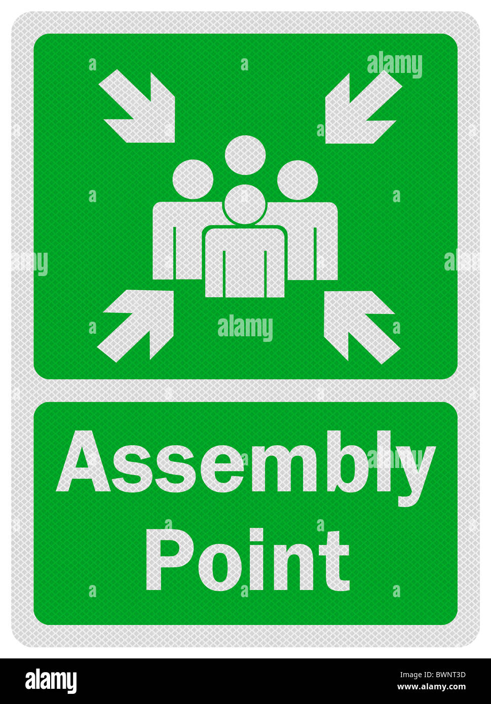 Photo realistic metallic, reflective 'assembly point' sign, isolated on ...