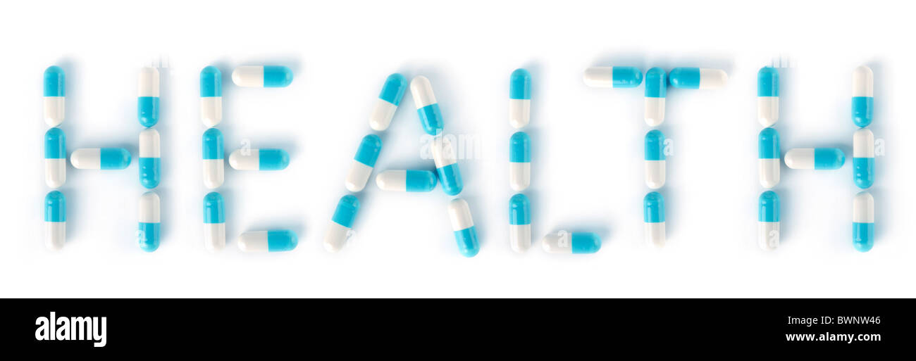 Word HEALTH made from blue white medication capsules Isolated on white ...