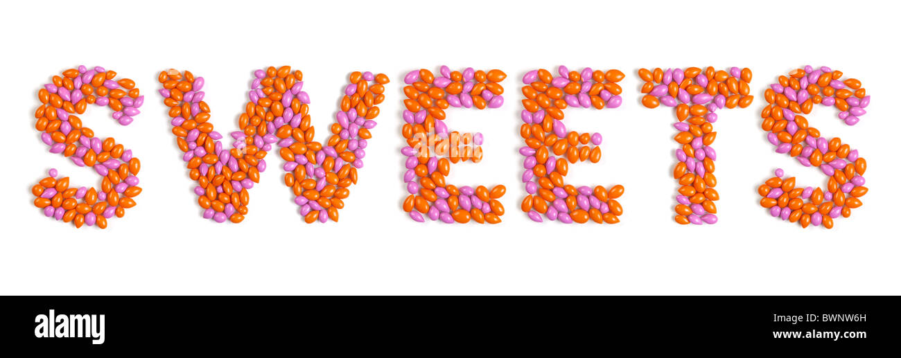 Word SWEETS colorful pattern made from dragee candies isolated on white ...