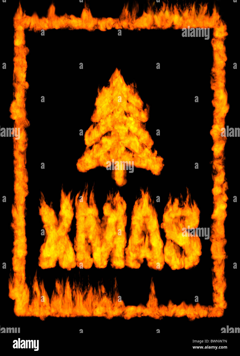 Burning XMAS and Christmas tree in a frame of fire isolated on black ...