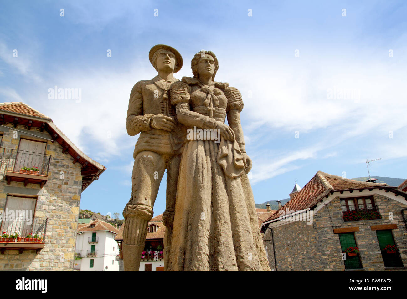 Cheso traditional costume statue in Hecho Pyrenees Spain Aragon Stock ...