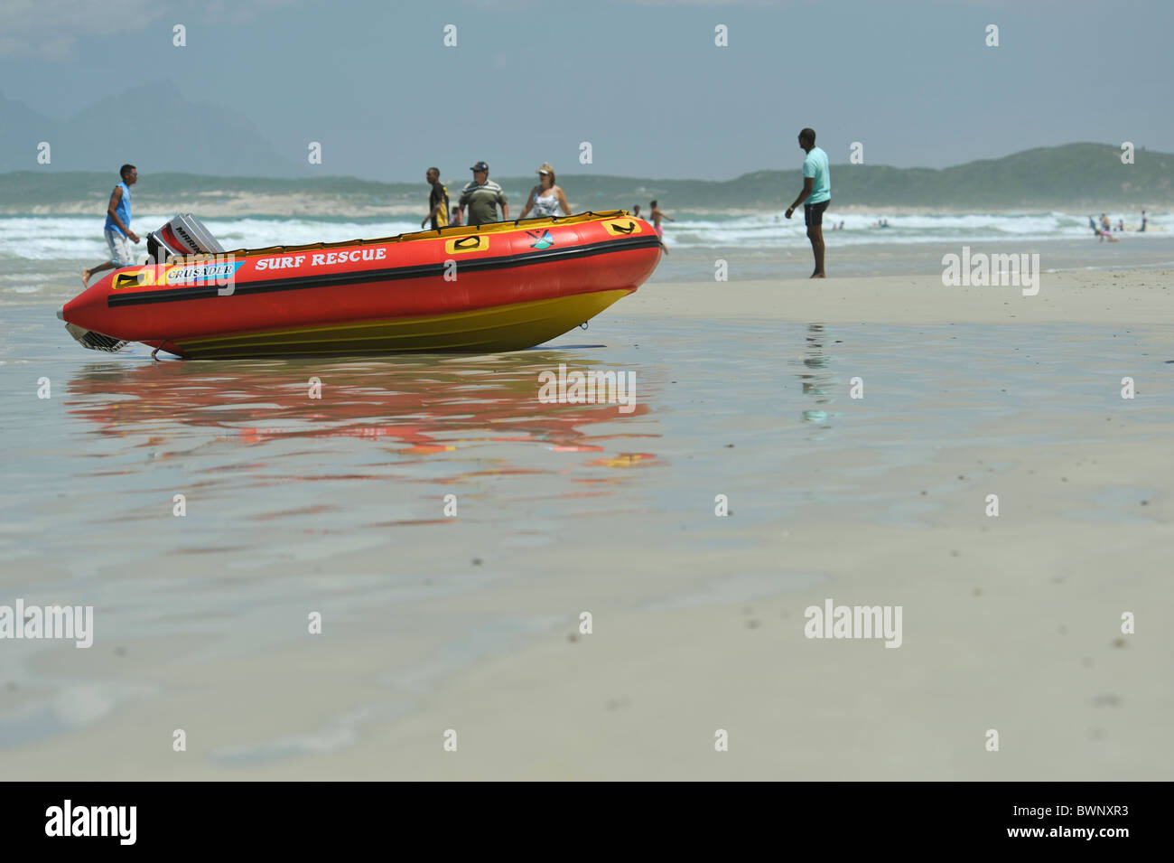 Strand, Western Cape, South Africa, RIB surf rescue boat on beach ready ...