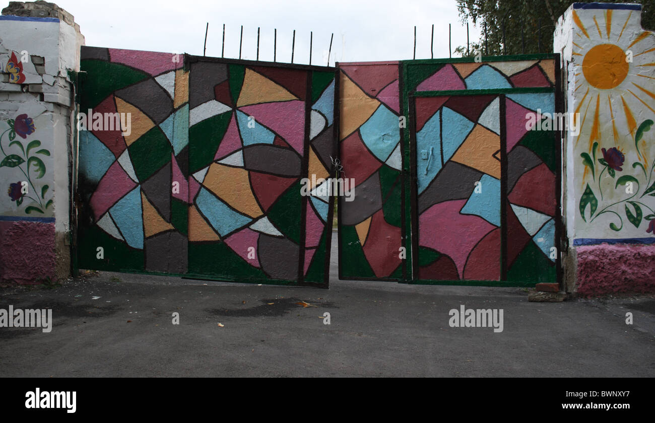 gate, painted different colors, looking like an abstract painting Stock ...