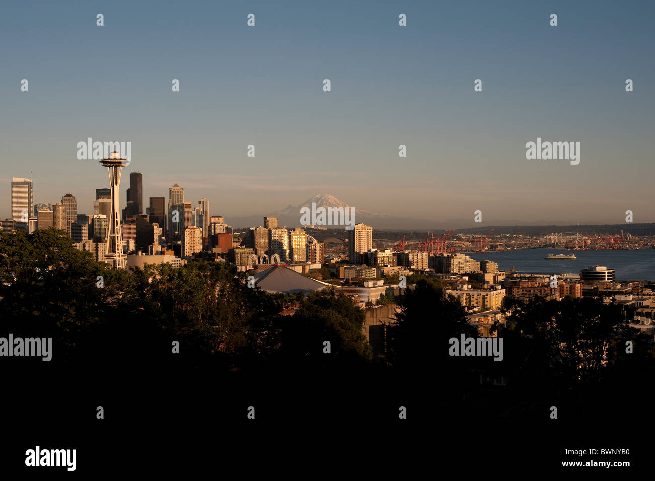 Retro image of Seattle skyline with Mount Rainier in background on a ...