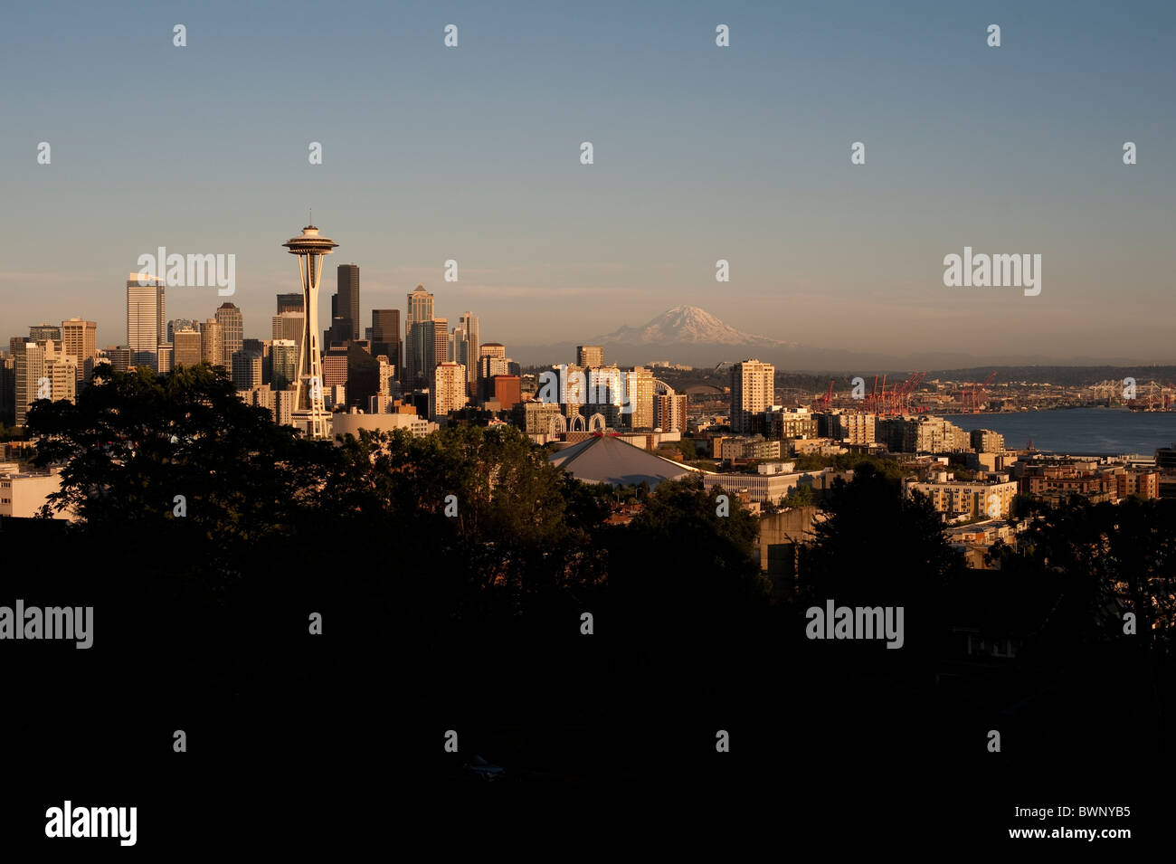 Retro image of Seattle skyline with Mount Rainier in background on a ...