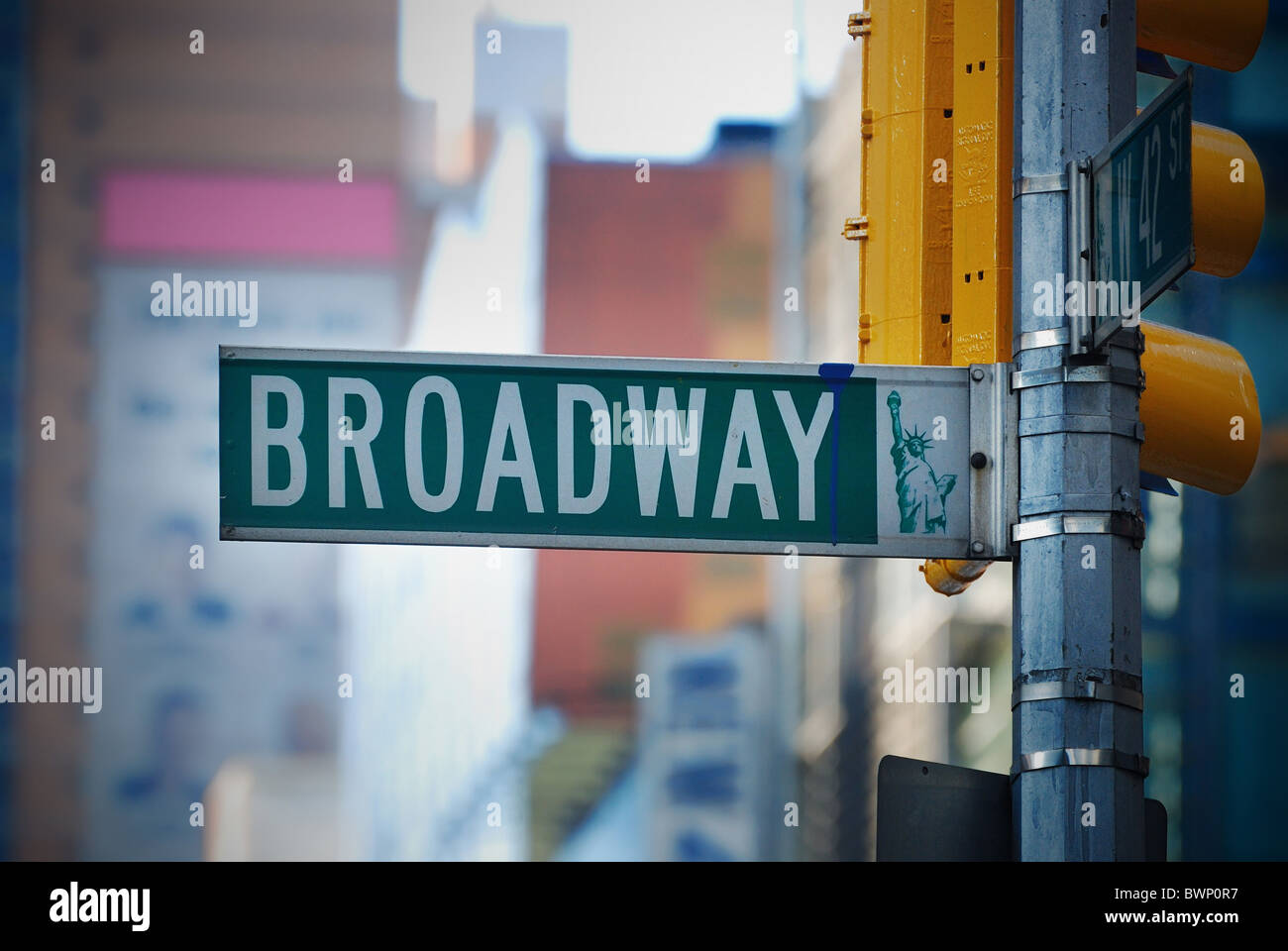 Broadway road sign in Manhattan New York City with skyscrapers Stock ...