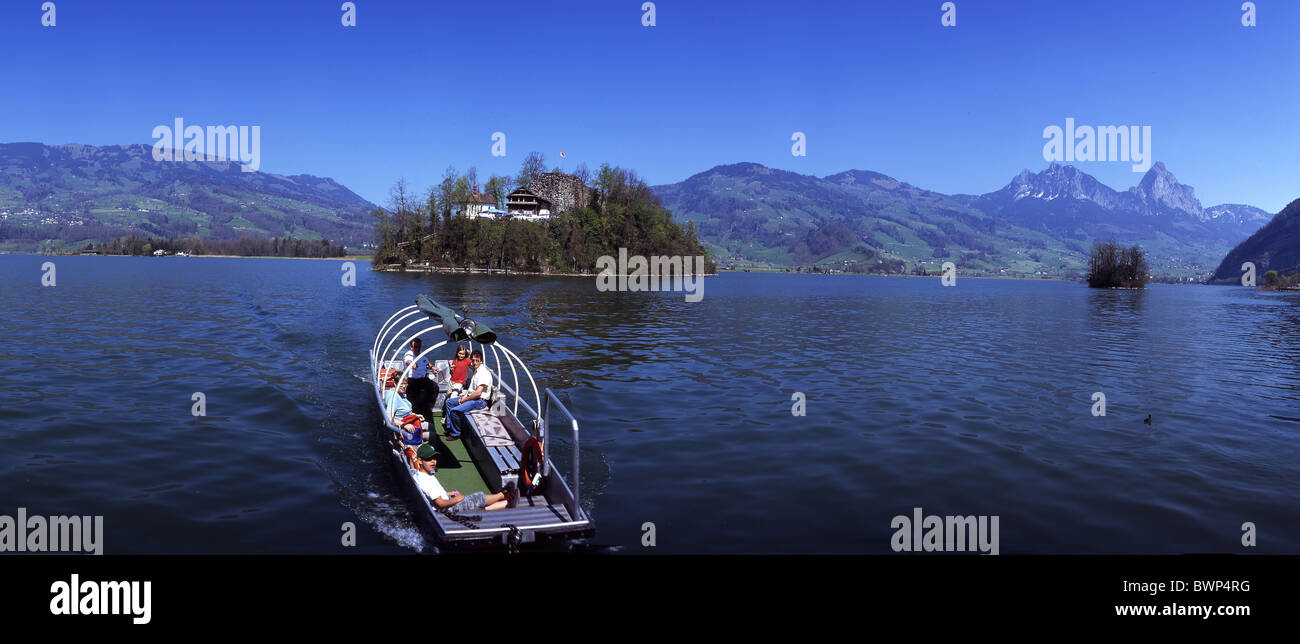 Switzerland Europe Lauerz Lake Canton Schwyz Landscape Boat Schwanau ...