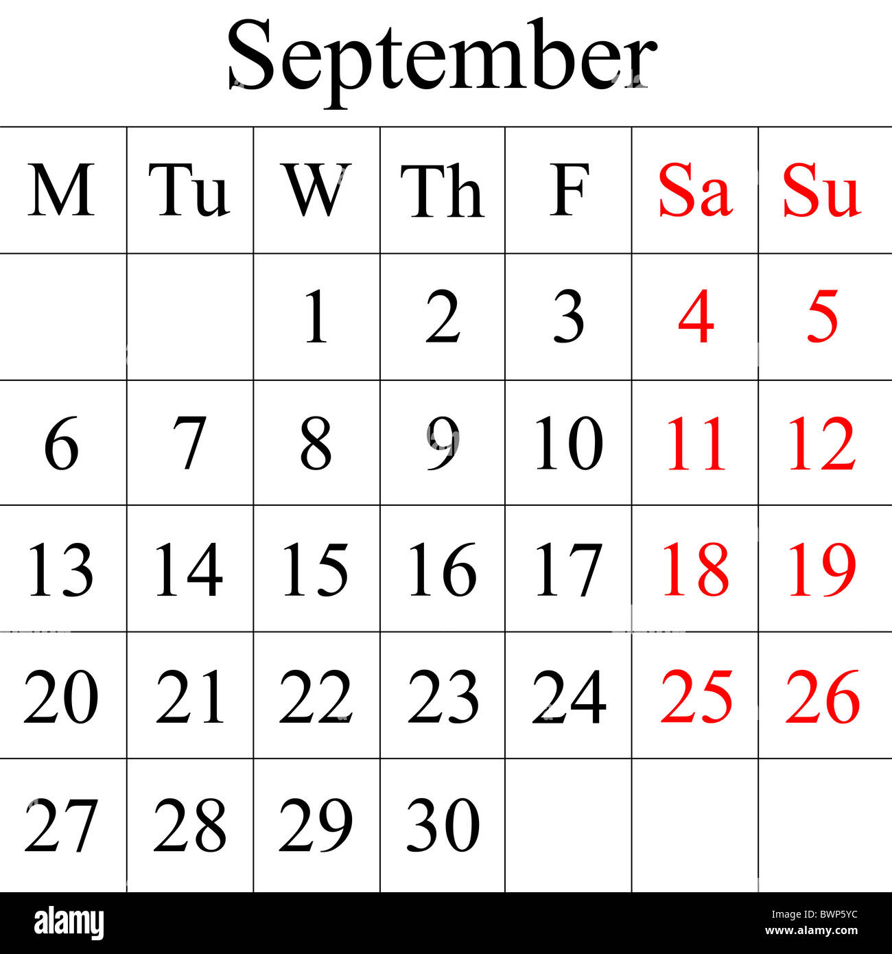 There is a calendar of September, week starting in Monday Stock Photo ...