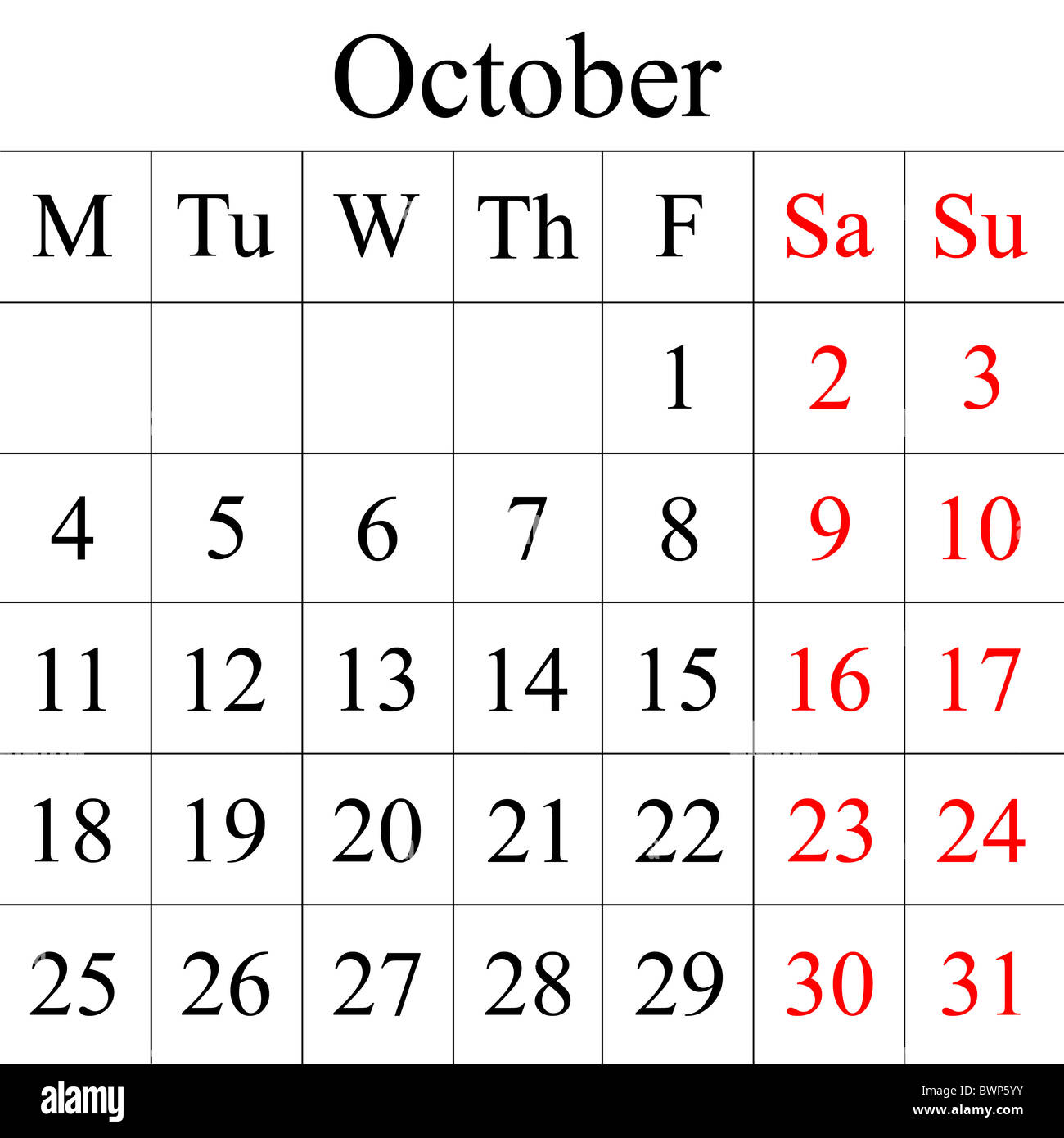 There is a calendar of October, week starting in Monday Stock Photo - Alamy