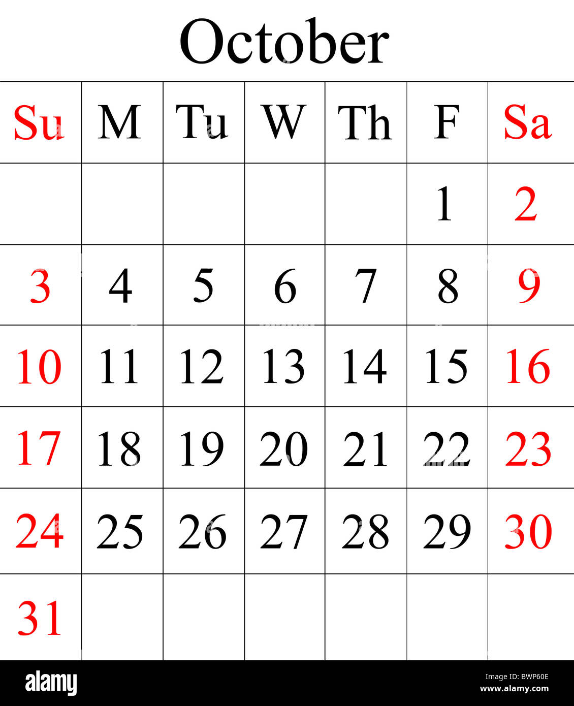 There is a calendar of October, week starting in Sunday Stock Photo - Alamy