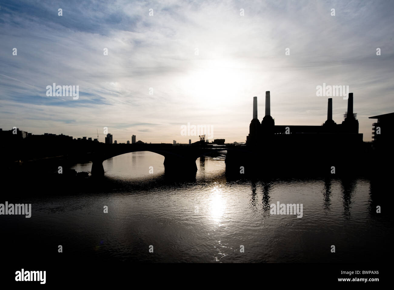 Battersea Power Station, and River Thames in silhouette. London ...