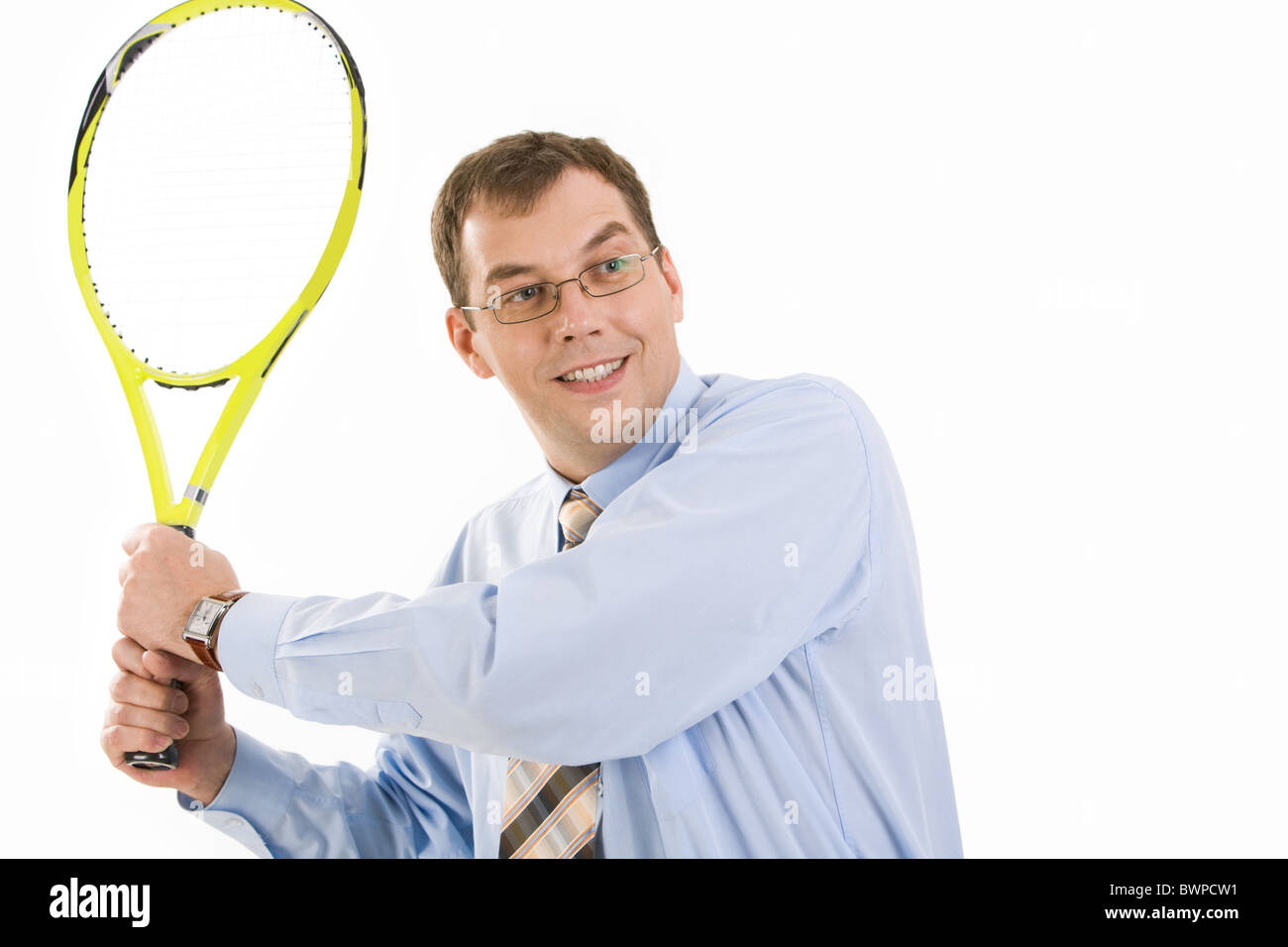 Image of businessman holding racket on a white background Stock Photo ...
