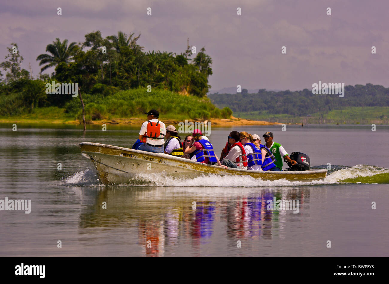 LAKE BAYANO, PANAMA - Ecotourists in boat on Lake Bayano, Comarca Kuna ...