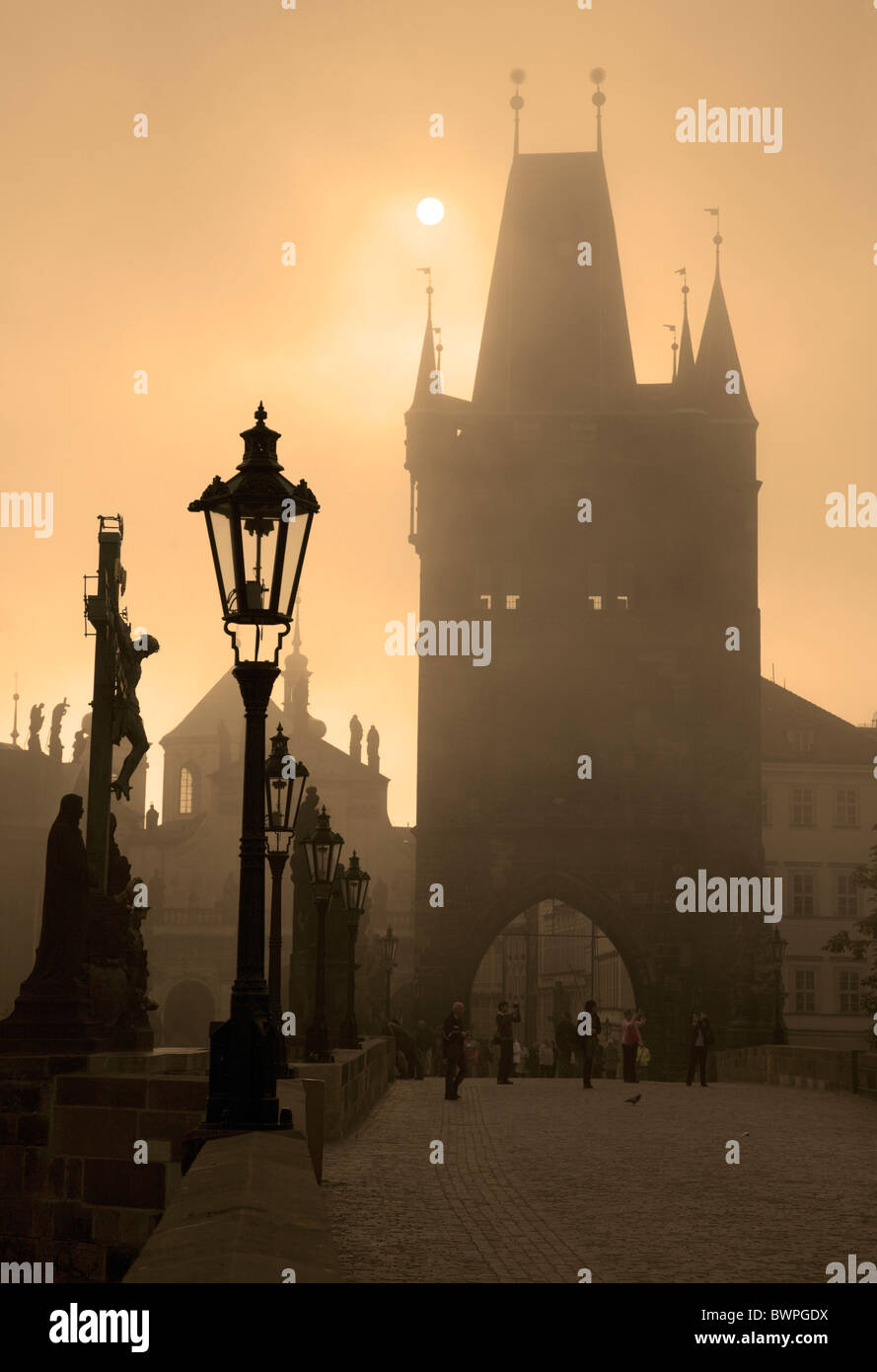 Prague - Charles bridge in the morning fog Stock Photo - Alamy