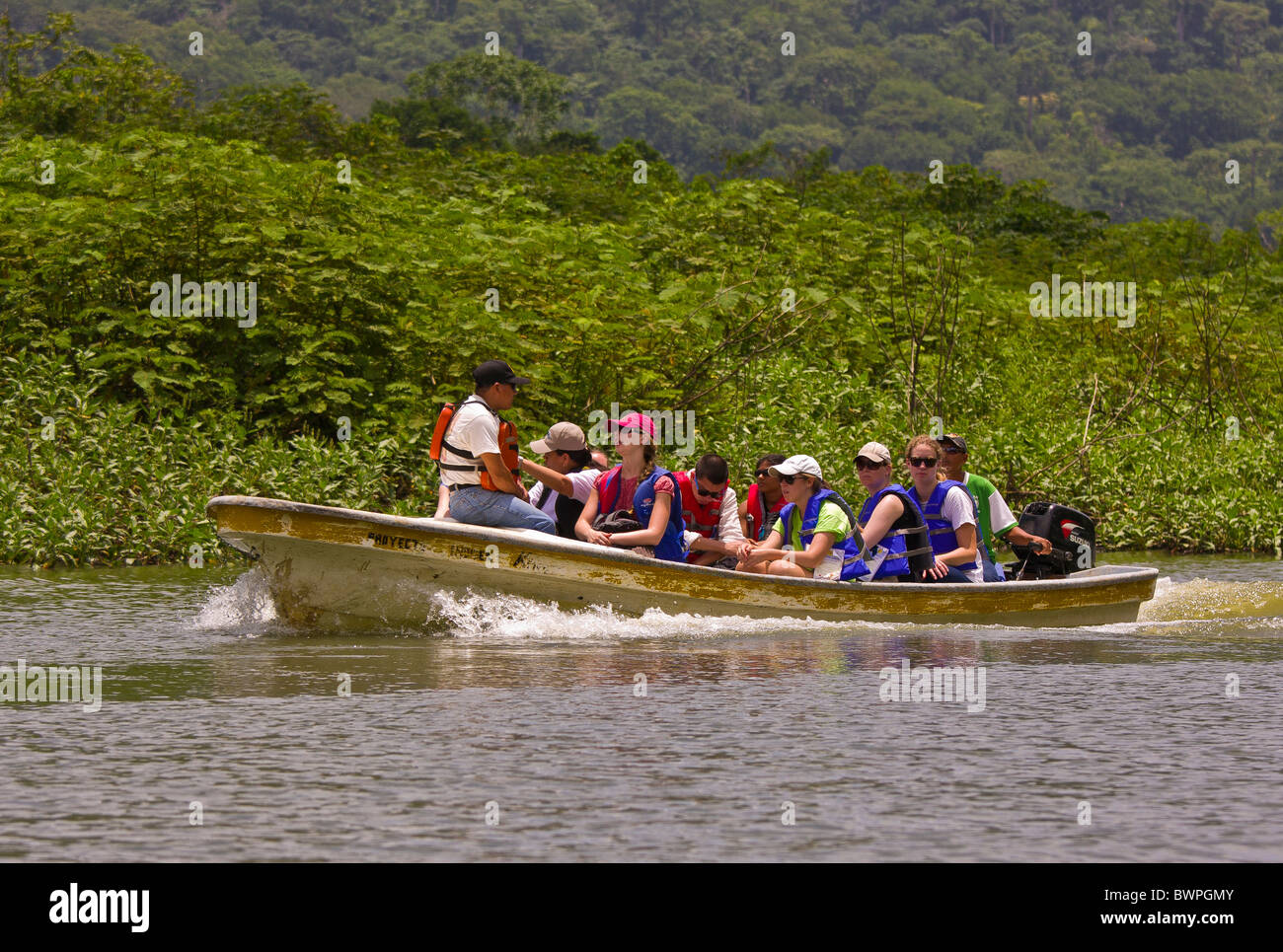 LAKE BAYANO, PANAMA - Ecotourists in boat on Lake Bayano, Comarca Kuna ...