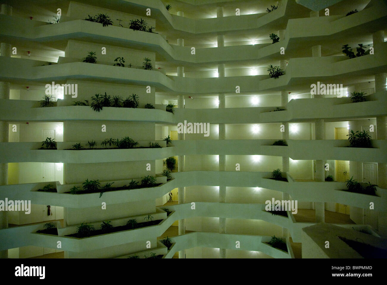 monochromatic atrium at night, interior view, housing, apartments ...