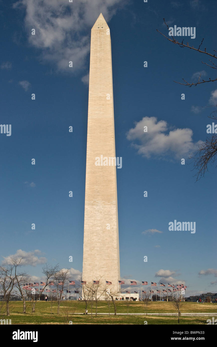 The Washington Monument with flags of fifty states fluttering in the ...