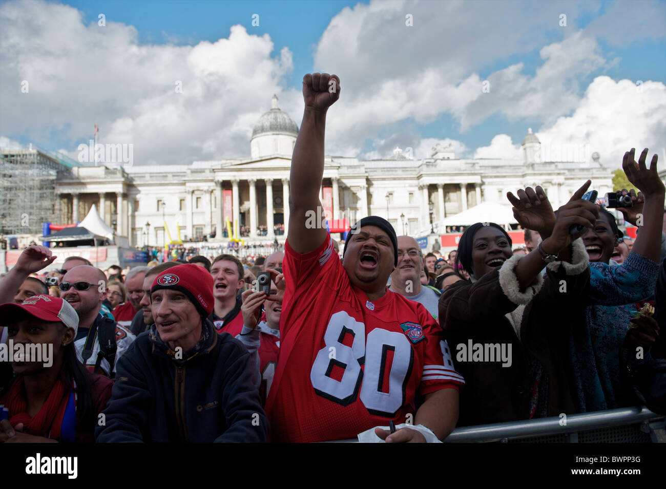 Fans cheer during the NFL rally at Trafalgar Square, London on October ...