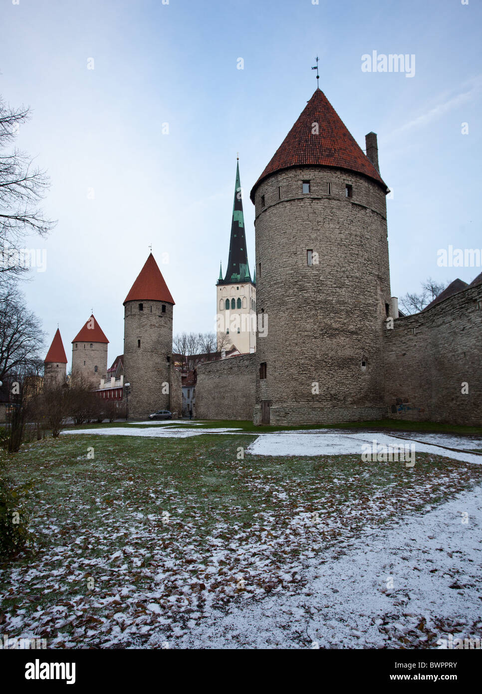 Ancient stone walls of Tallinn with four towers in alignment Stock ...