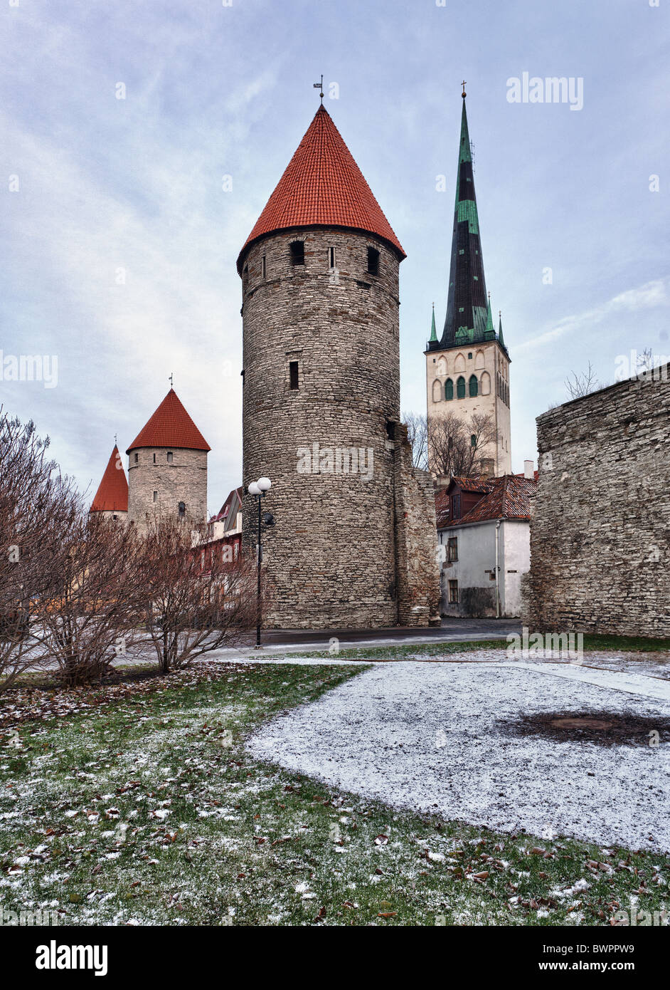 Ancient stone walls of Tallinn with four towers in alignment taken in ...