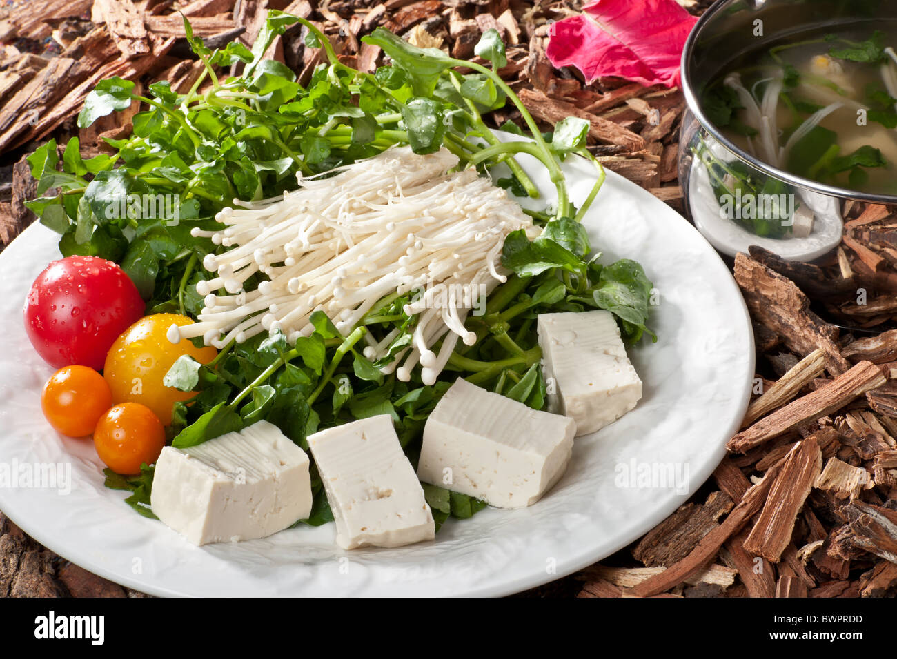 A plate of ingredients to prepare a Japanese string mushroom soup Stock ...