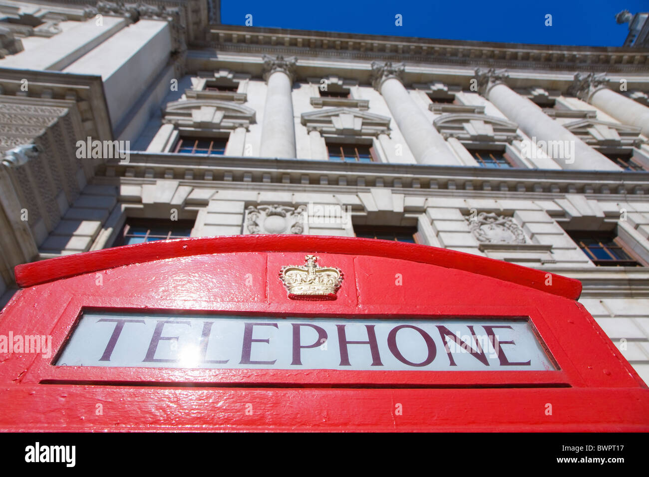 Traditional red telephone box outside Whitehall in London Stock Photo ...